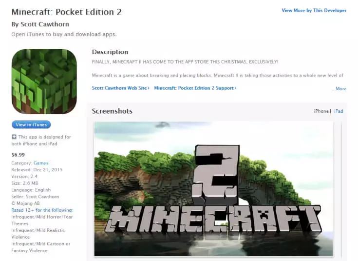 Minecraft Pocket Edition 2 App Store iPhone iPad