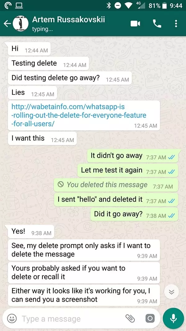 Teraz správy v WhatsApp môžu byť odstránené z smartfónu programu Interolocutor. 42563_2