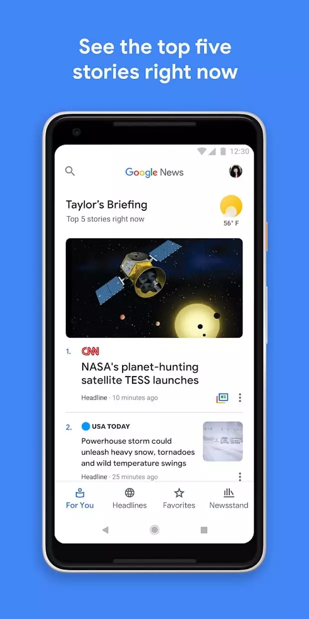Ang Google News app nga magamit alang sa mga pag-download sa mga smartphones ug mga tablet. 42694_2