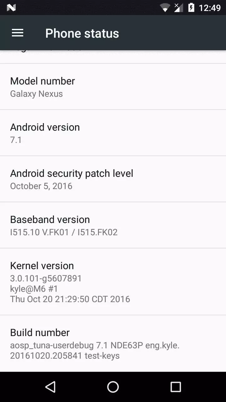 Android 7.1 Nougat Galaxy Nexus.