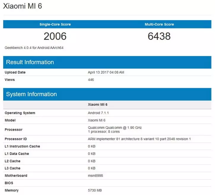 Ang Xiaomi Mi 6 ay naging mas malakas na Samsung Galaxy S8 sa benchmark ng Geekbench 5444_2