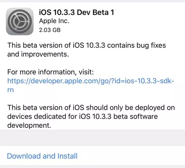 Dhawunirodha iOS 10,3.3 Beta 1 ye iPhone, iPad uye iPod kubata 9490_2